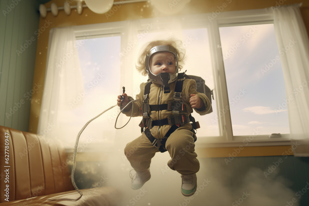 Generative Ai collage picture of little boy wear jetpack spacesuit ...