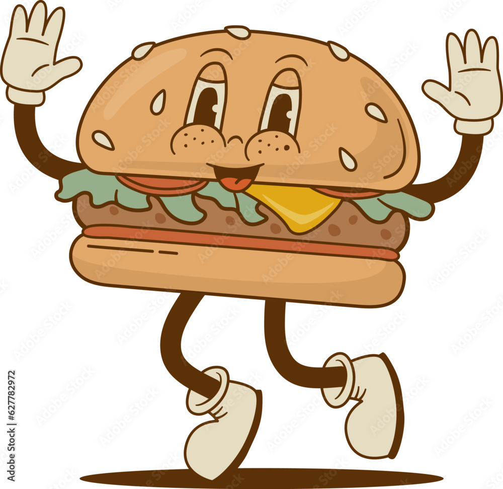 Retro cartoon funny burger character. Vintage street food hamburger ...