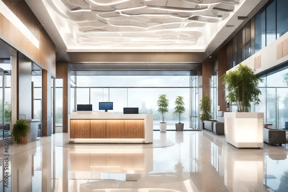 Modern hospital or clinic lobby interior design with registration ...