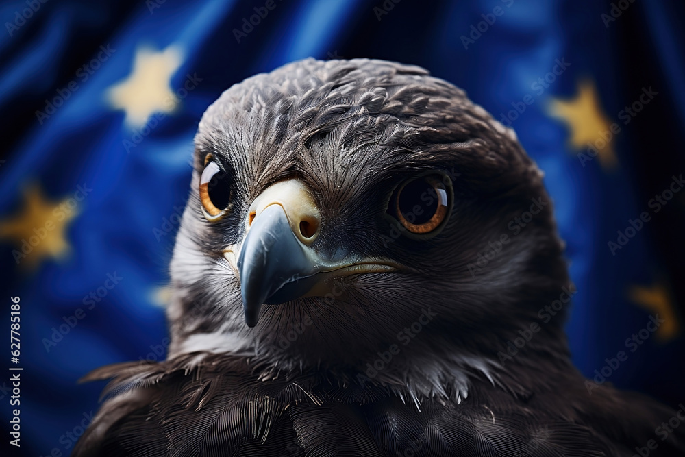 Hawk head with european flag in the background. Selective focus ...