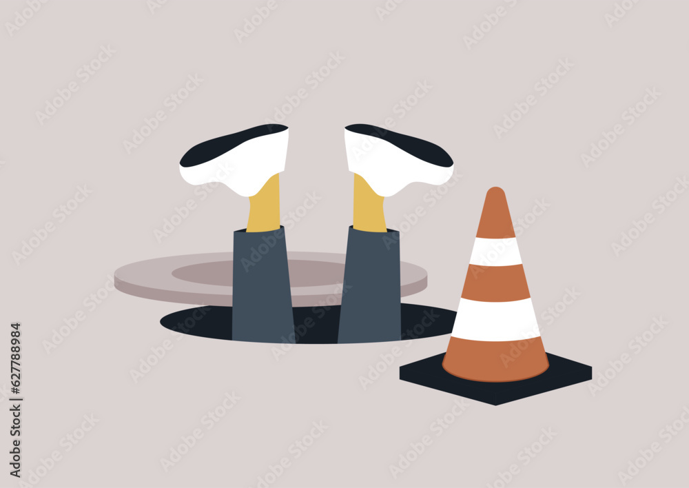 A passerby has fallen into an open sewer hatch, with their legs ...