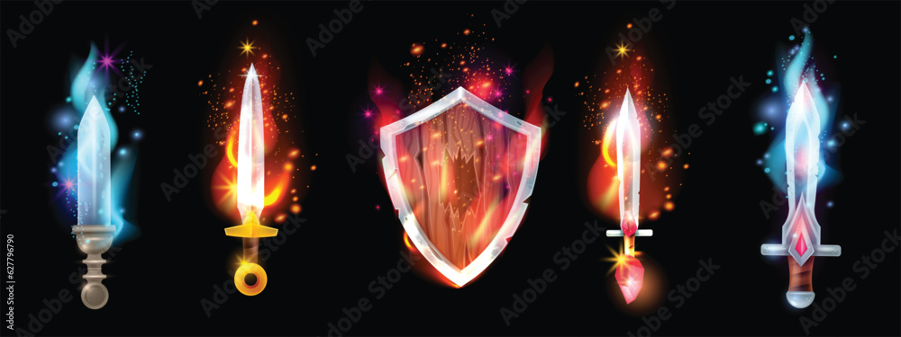 Magic sword game weapon set, vector fire flame shield, medieval fantasy ...