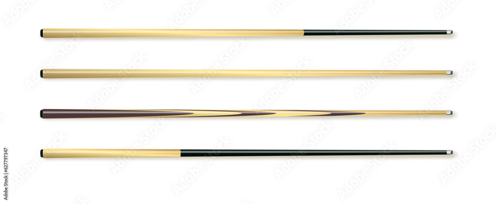 Cues for billiard, snooker realistic templates. Wooden sticks with ...