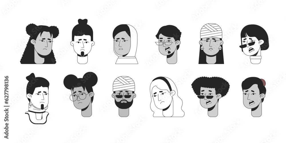 Unhappy sick people monochrome flat linear character heads bundle ...