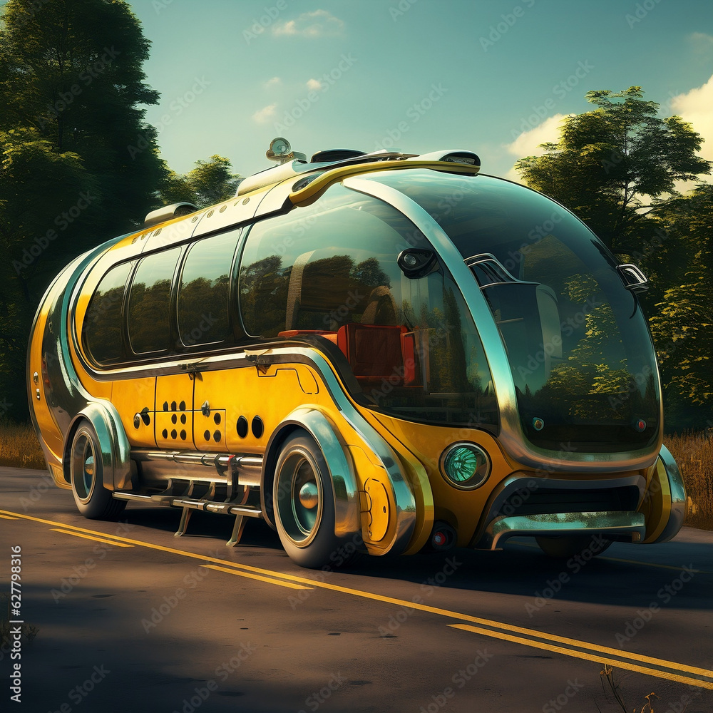 Futuristic electric yellow school bus, on the road, cinematic shoot ...