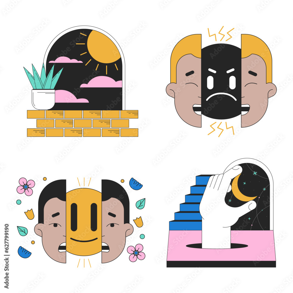 Psychedelic surreal flat line concept vector spot illustration set ...