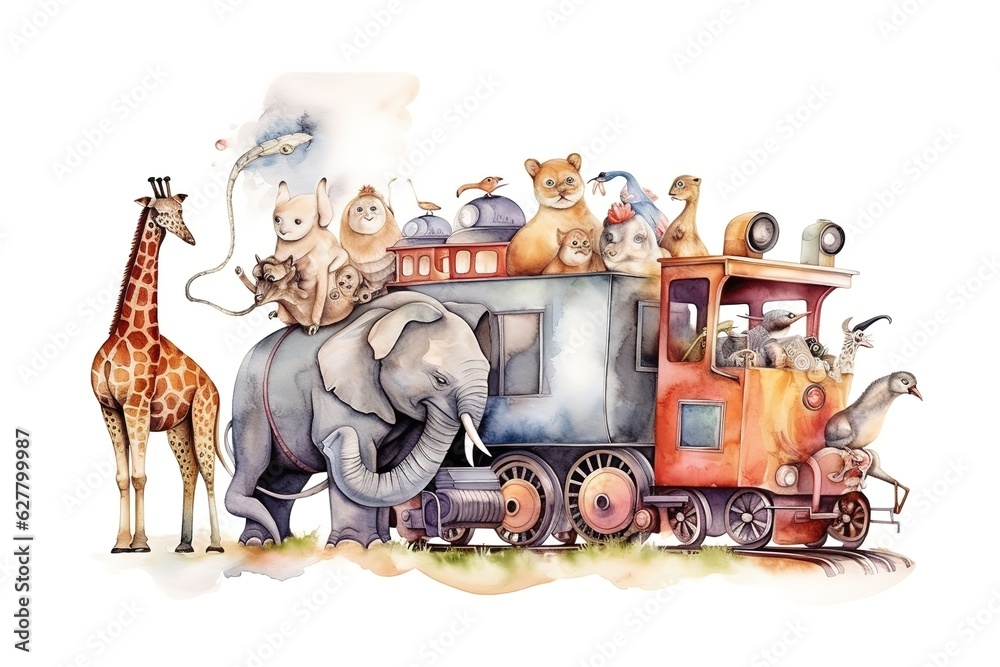 Cartoon train with lion driver and elephant rhino. Generative AI Stock ...