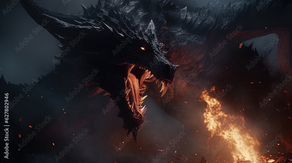 Explosive fire breath from a giant black dragon, generated by AI Stock ...