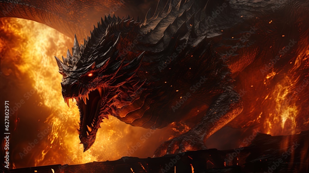 Explosive fire breath from a giant black dragon, generated by AI Stock ...