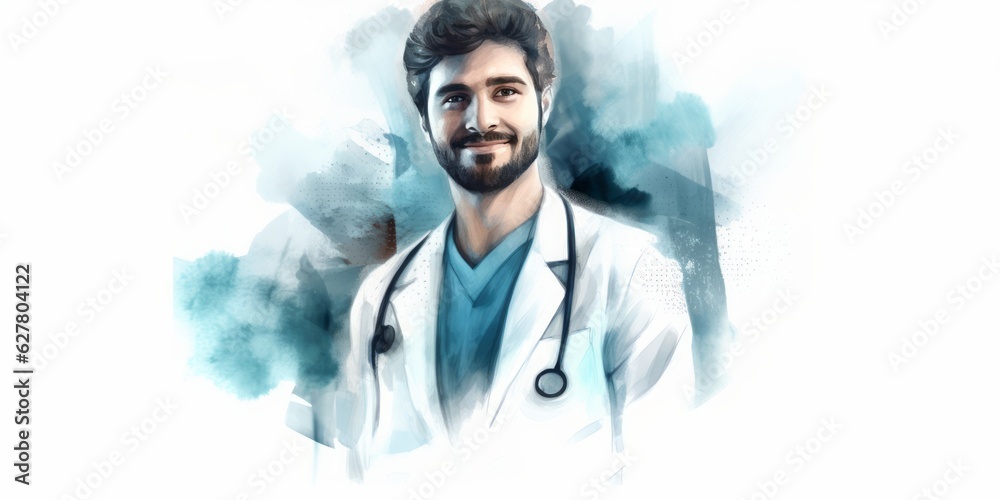 Blue Aquarelle Silhouettes of Smiling Young Doctor with Arms Crossed at ...
