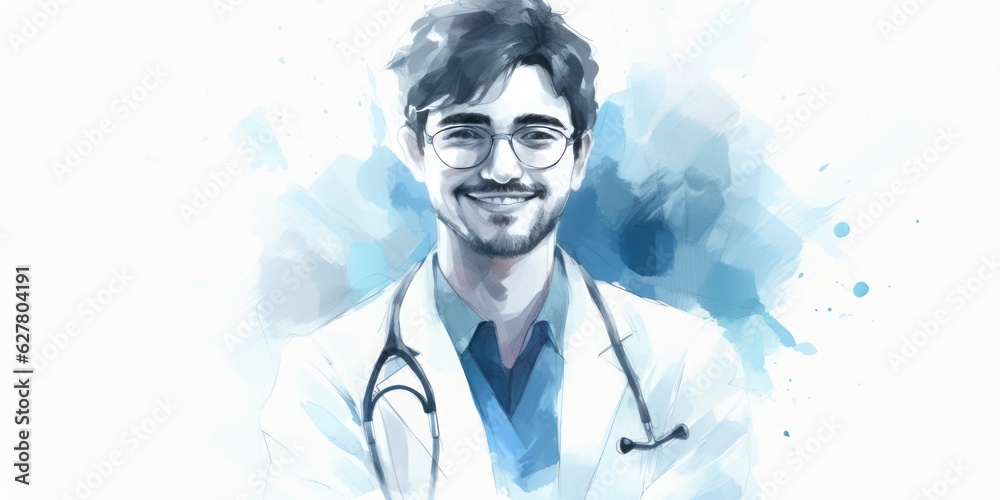 Blue Aquarelle Silhouettes of Smiling Young Doctor with Arms Crossed at ...