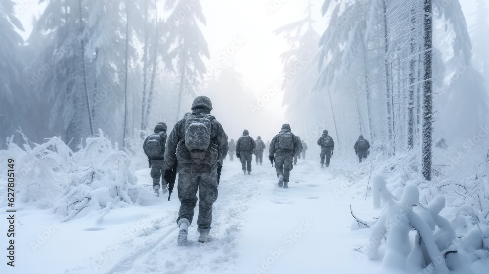 Rear view Group of infantry soldiers in uniforms, walking over snow ...