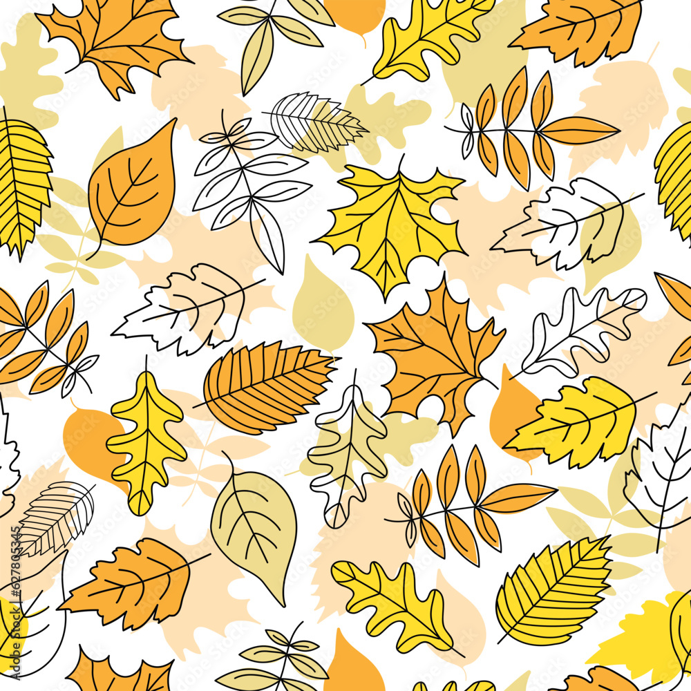 Autumn pattern, set of leaves, maple leaf, rowan leaf, oak leaf. Doodle ...