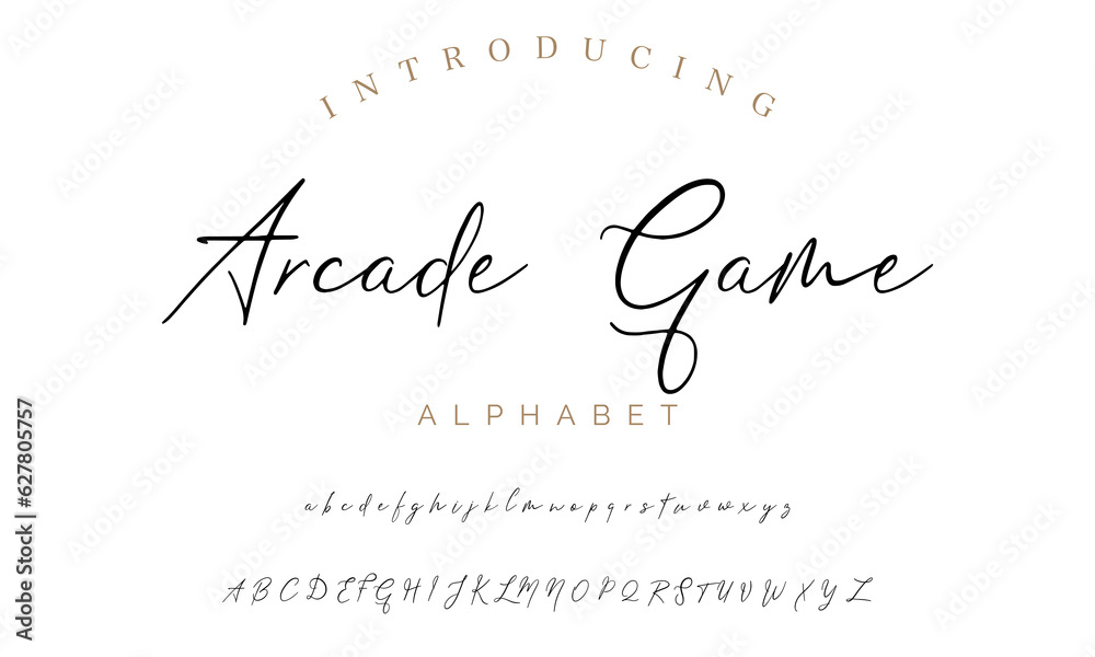 Arcade Game Lettering signature font isolated on grey background. brus ...