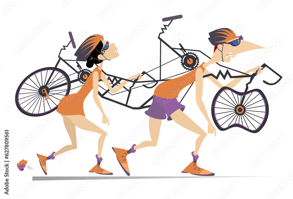 Tired cyclists man and woman carrying a broken tandem bike. Tired ...