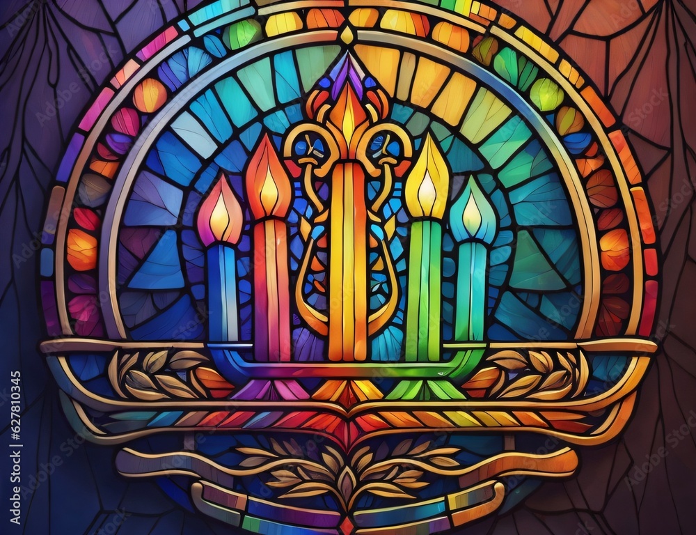 Visual depiction showcasing a Hanukkah menorah emblem with colored ...