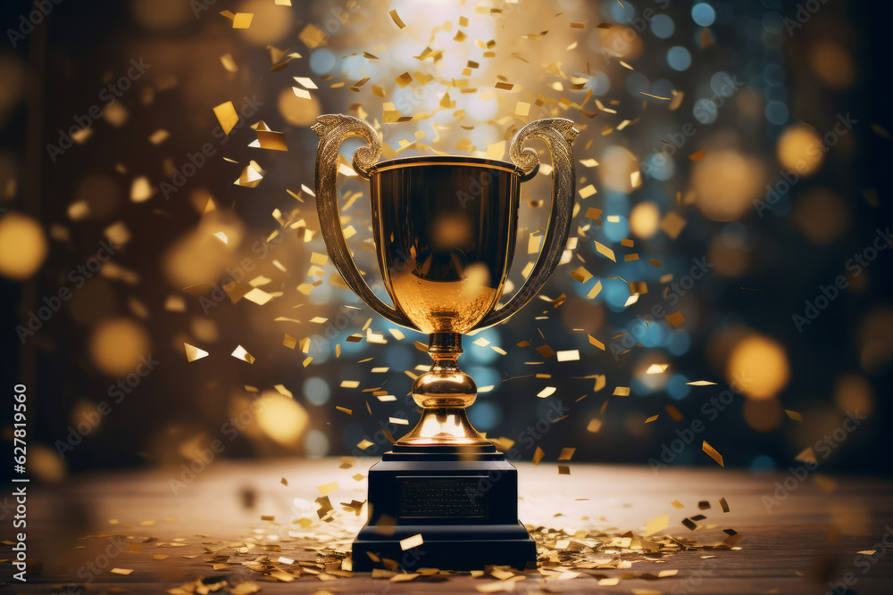 Gold first place winners trophy with falling confetti and streamers ...