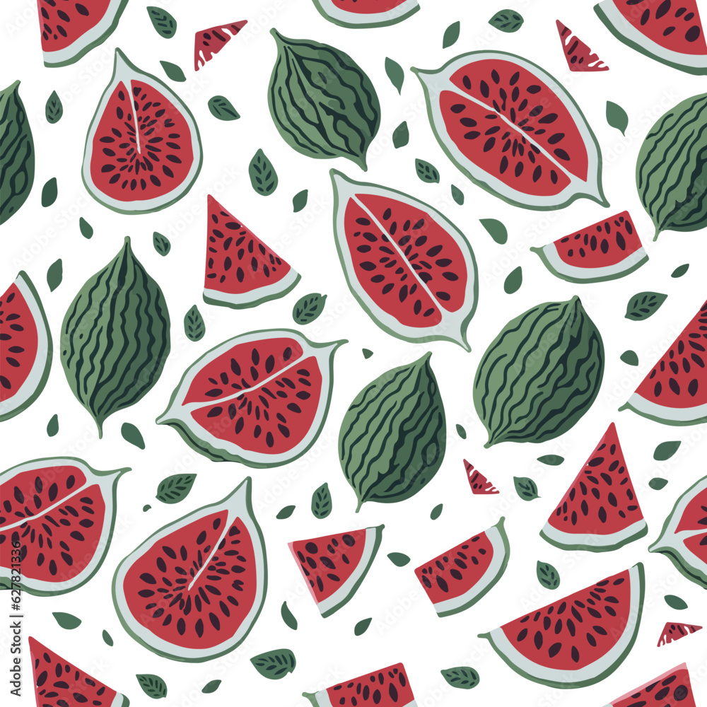 Watermelons with black and seeds on palm dypsis leaves background ...