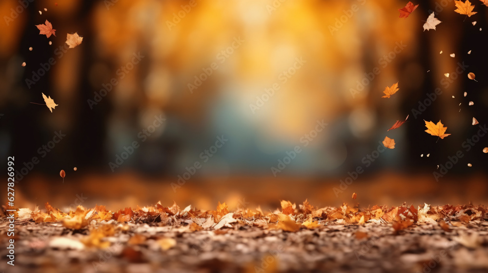 abstract autumn forest with border of maple fall leaf and empty wooden ...