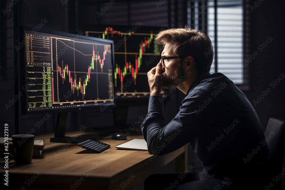 Illustrate a focused male trader analyzing candlestick patterns on the ...