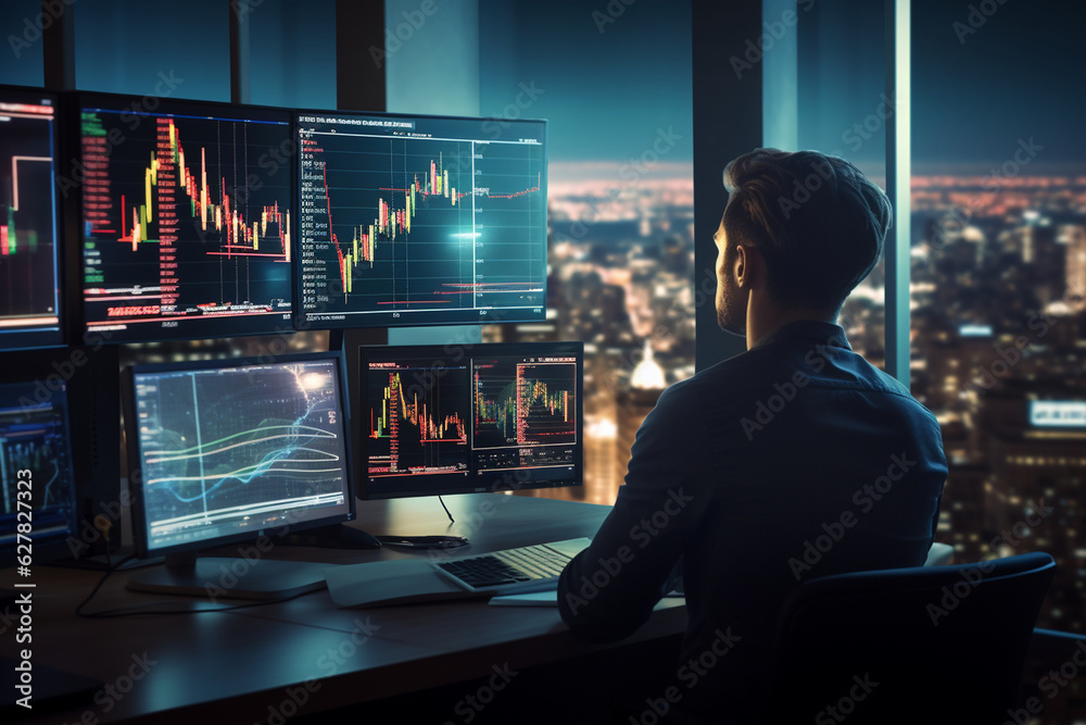 Create an action-packed scene of a male trader making quick decisions ...