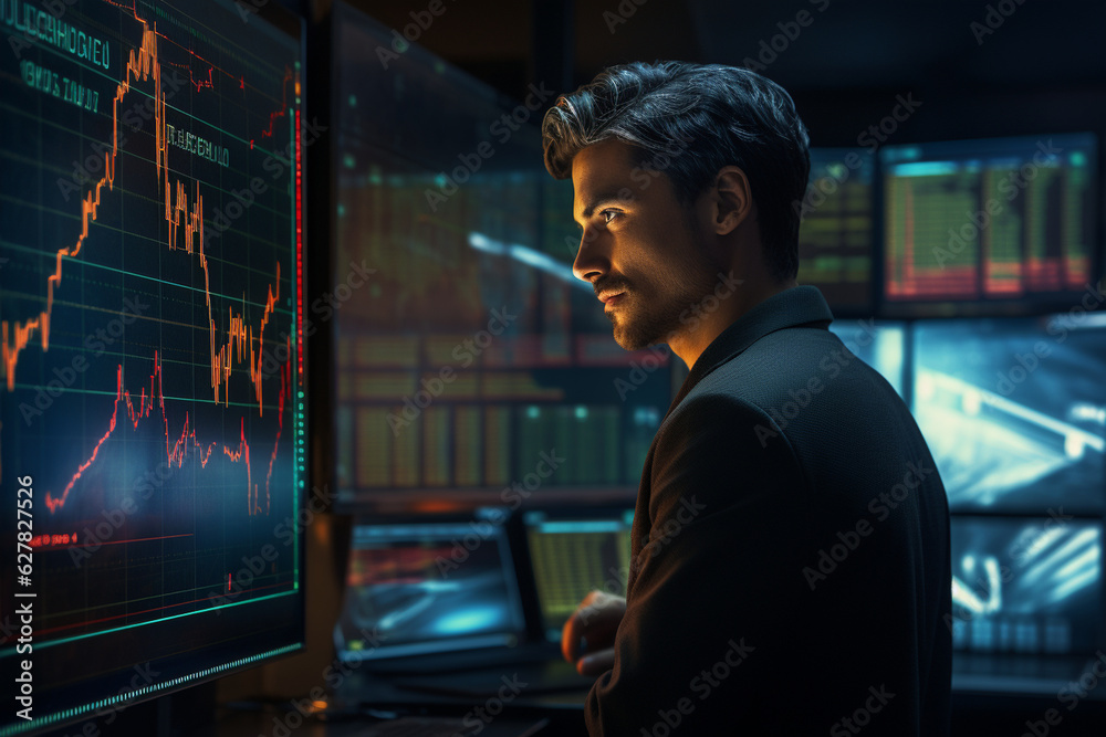 Illustrate a hyperrealistic image of a male trader using advanced ...