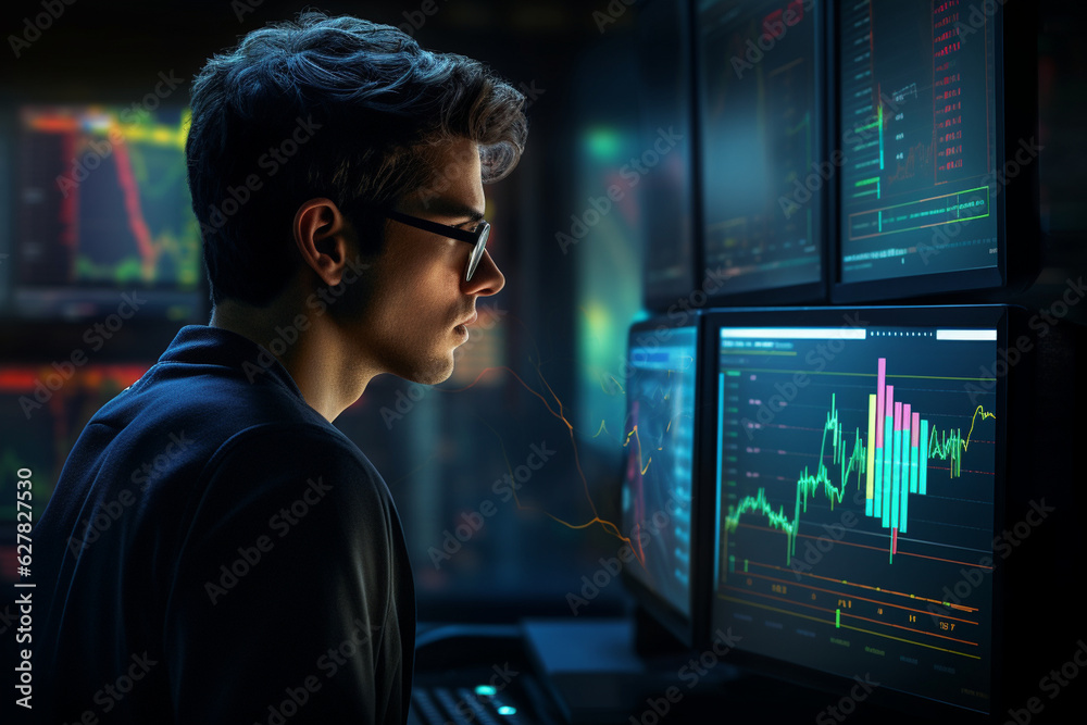 Illustrate a hyperrealistic image of a male trader using advanced ...