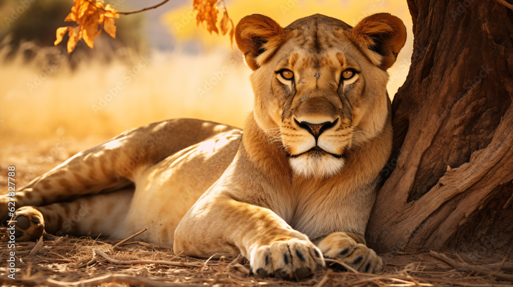 Safari adventure: Majestic lioness resting under the shade of a tree in ...