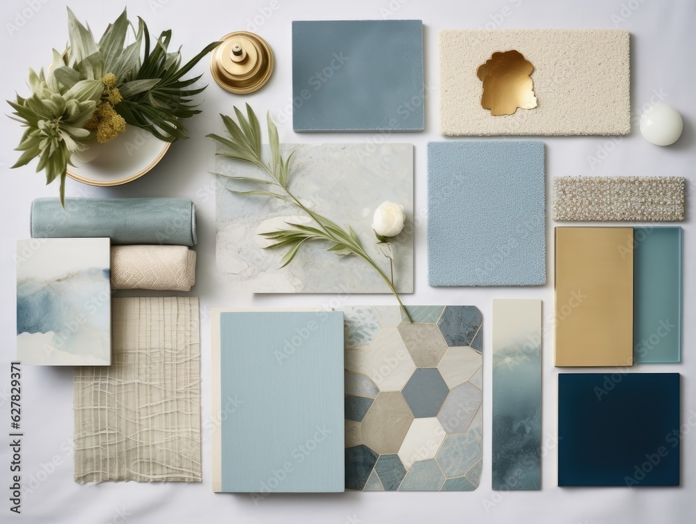 Beautiful blue mood board with different types of material and surfaces ...
