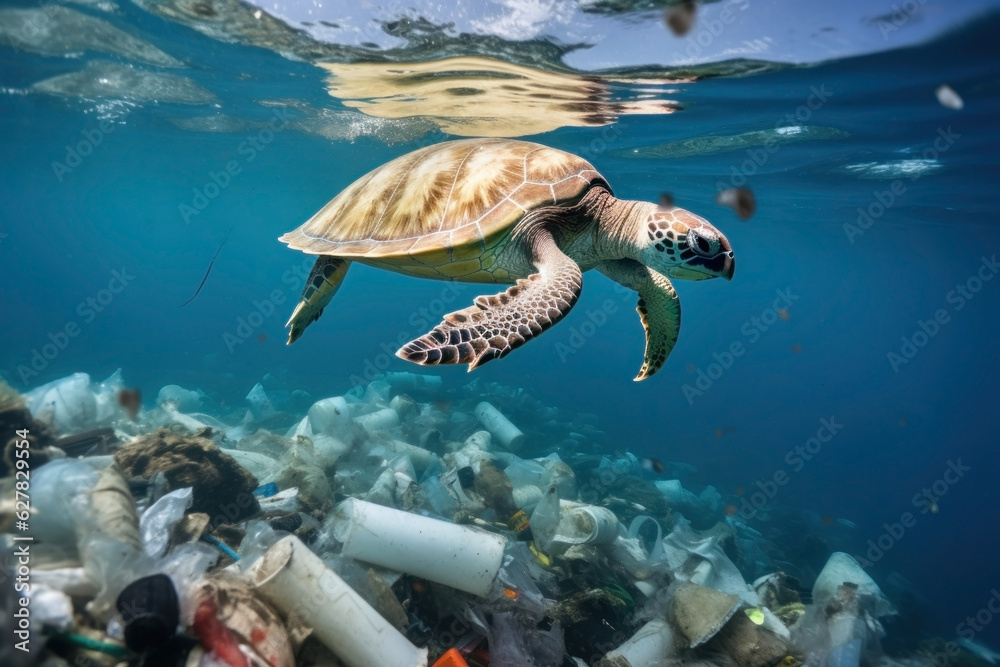 sad dying turtle in the trash polluted sea. ocean pollution. ocean ...