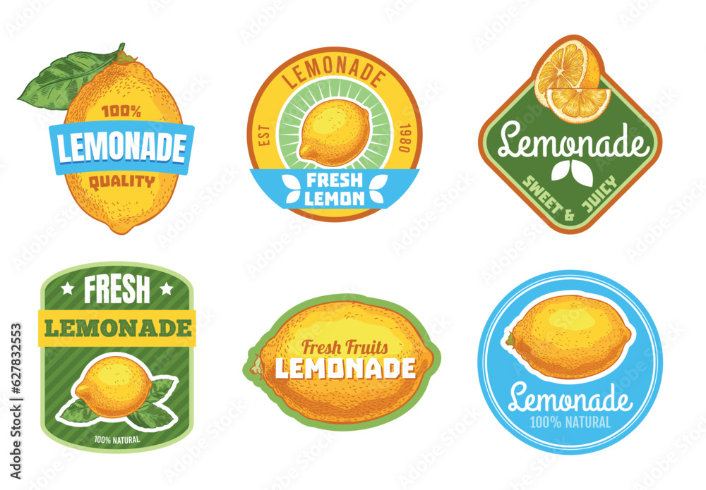 Lemonade labels. Tags forfresh drinks with citrus and greeen leaf ...
