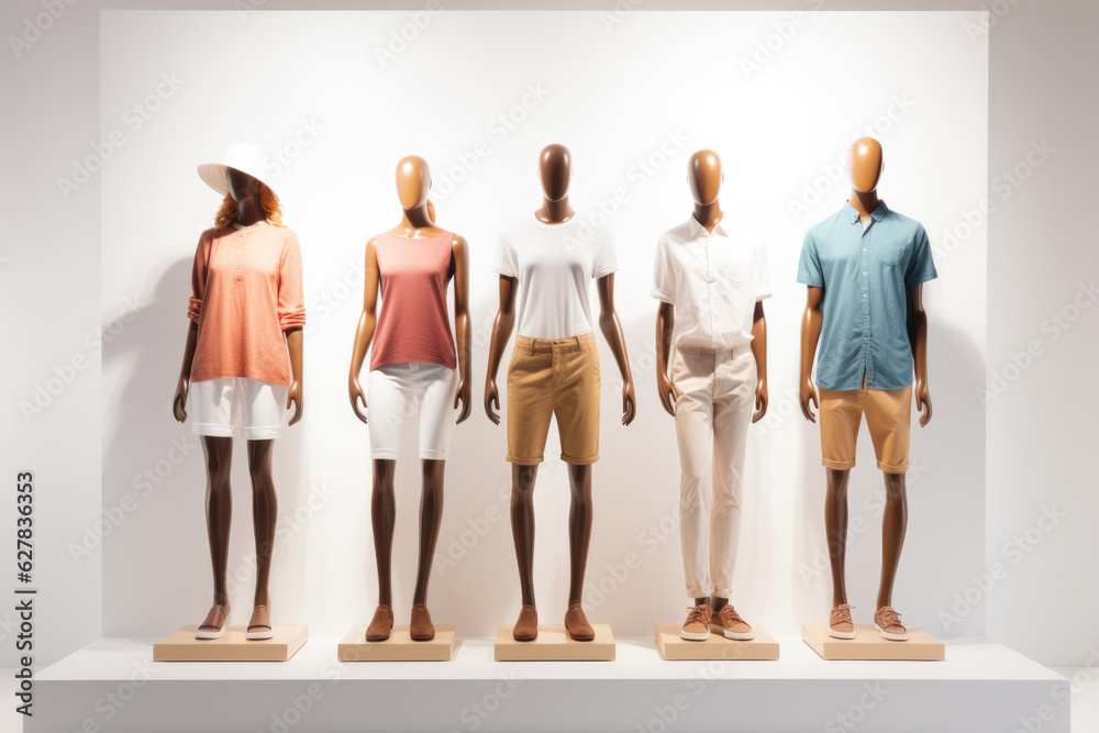 Men's and women's casual summer wardrobe on a mannequins in a clothing ...