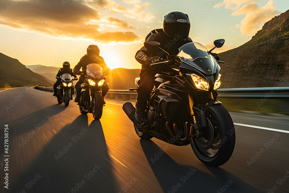 group of super sport motorcycle riders riding together at sunset Stock ...