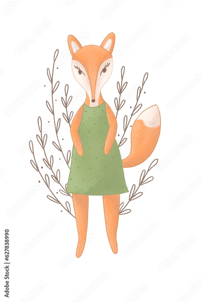Fox. children's illustration. A tall fox cub with a long nose and a big ...