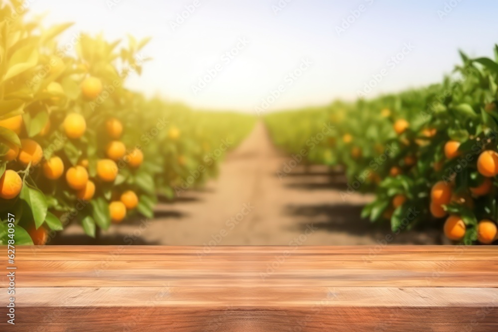 Empty wood table with free space over orange trees, orange field ...