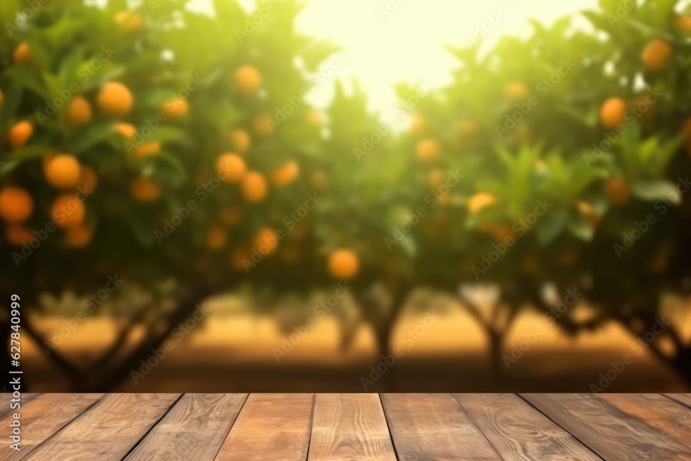 Empty wood table with free space over orange trees, orange field ...
