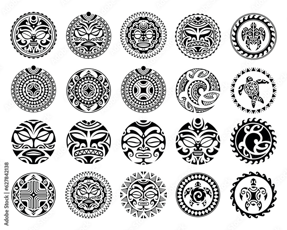 Set of round Maori tattoo ornament with sun symbols face and swastika ...
