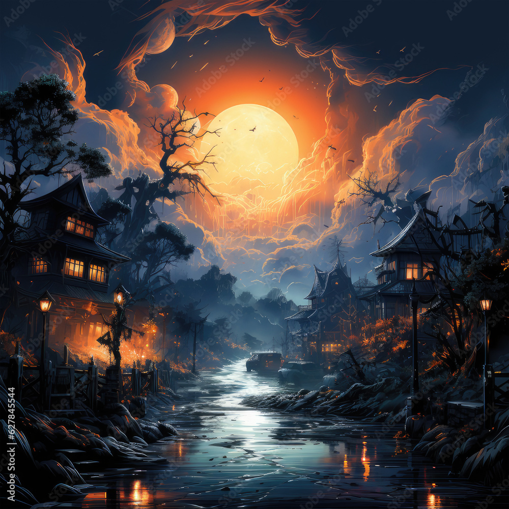 A futuristic and dystopian halloween haunted house t-shirt design ...