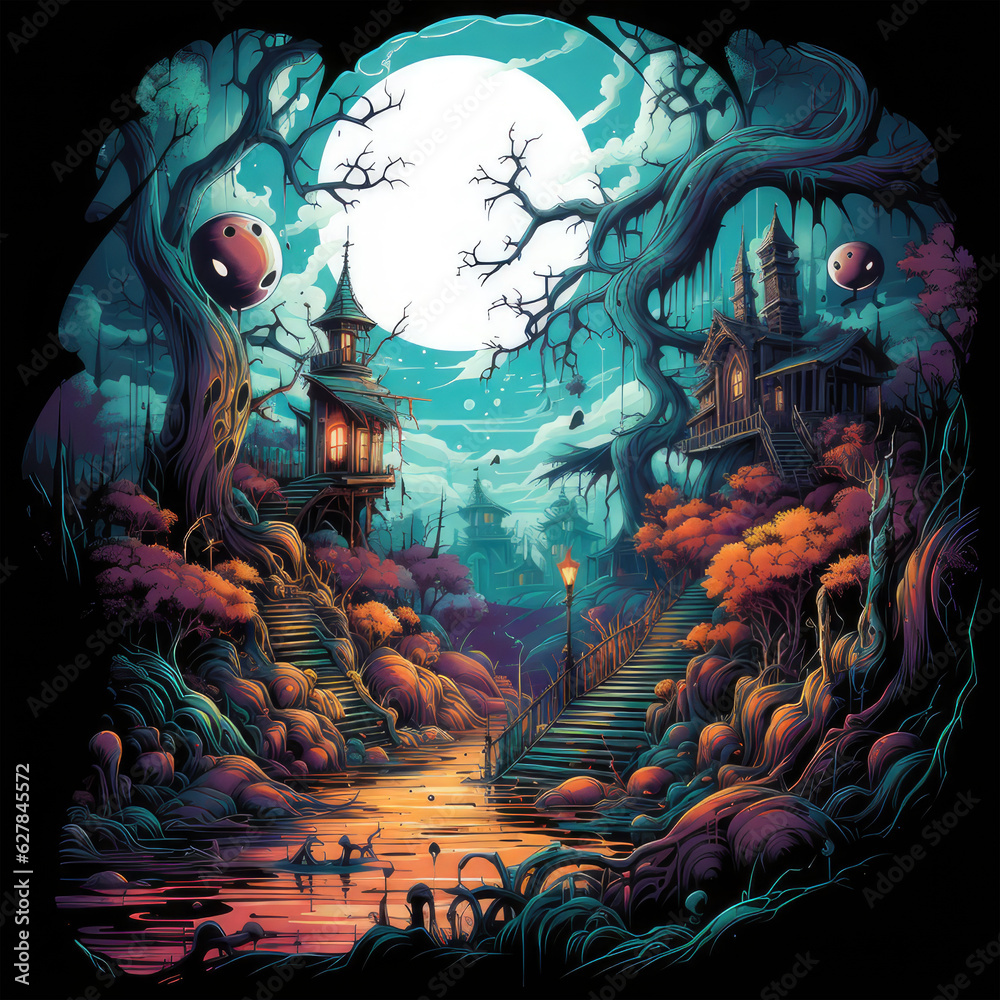 A futuristic and dystopian halloween haunted house t-shirt design ...