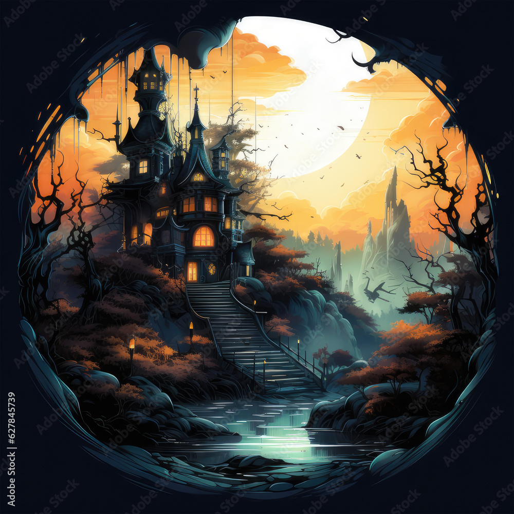 A futuristic and dystopian halloween haunted house t-shirt design ...