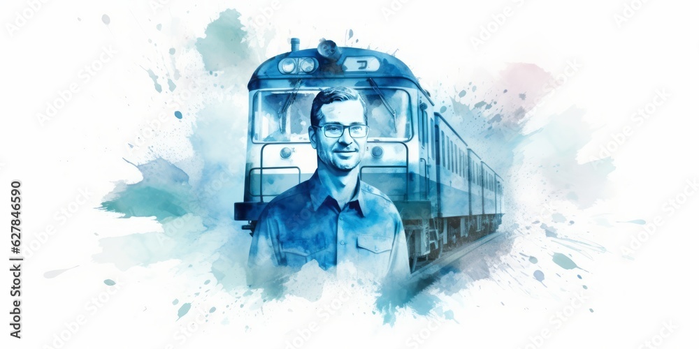 Blue Aquarelle Silhouette of a Smiling Train Driver in Front of a ...