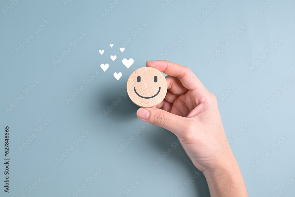 Hand with happy smile face emotion on background, Customer service ...