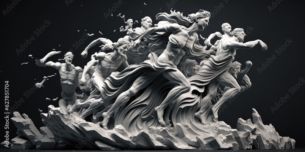 Illustration of sculpture depicts group of people running in panic ...