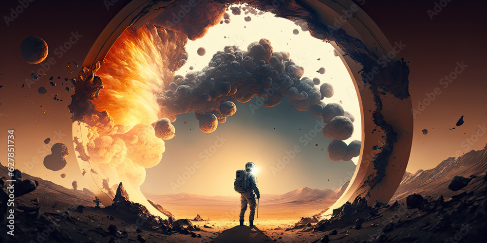 Silhouette of brave astronaut in front of huge unknown planet. Space ...