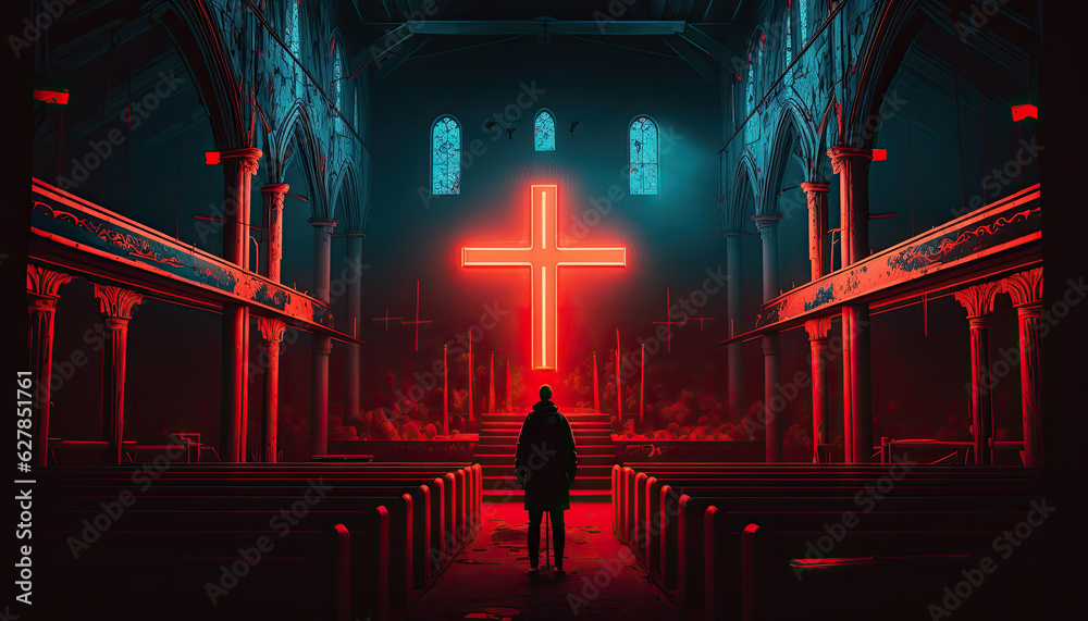 Through gloomy red lighting, silhouette of man looms in front of neon ...