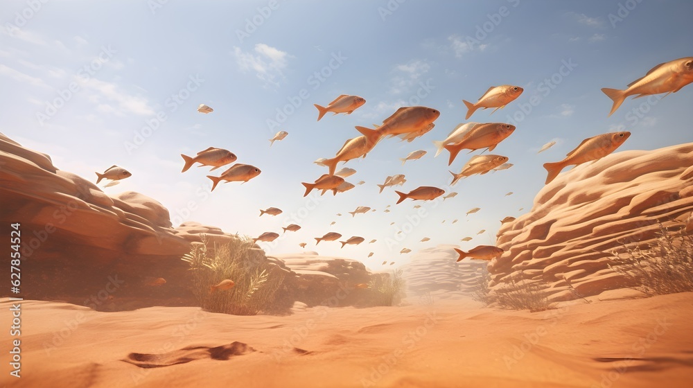 School of Orange Fish flying in the arid air through the Sahara Desert ...