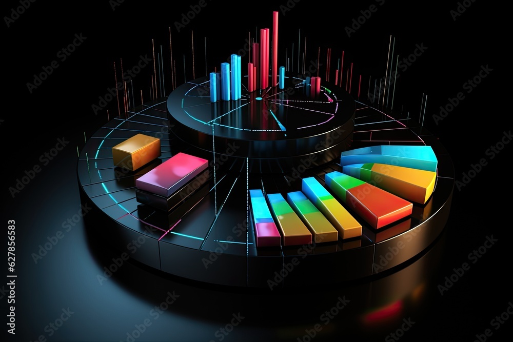 3d rendering of a pie chart with bars and bars in the dark background ...