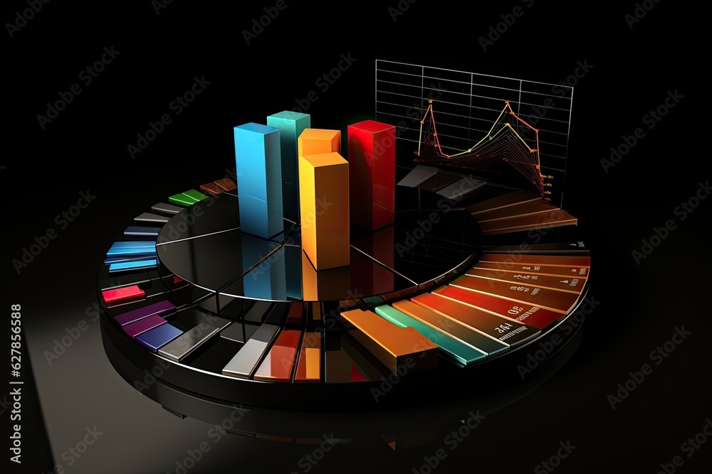 3d illustration of pie chart over black background with bars and charts ...