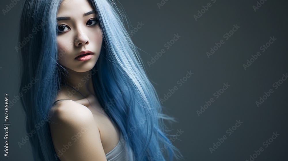 Beautiful woman with blue long hair bust up image on studio background ...