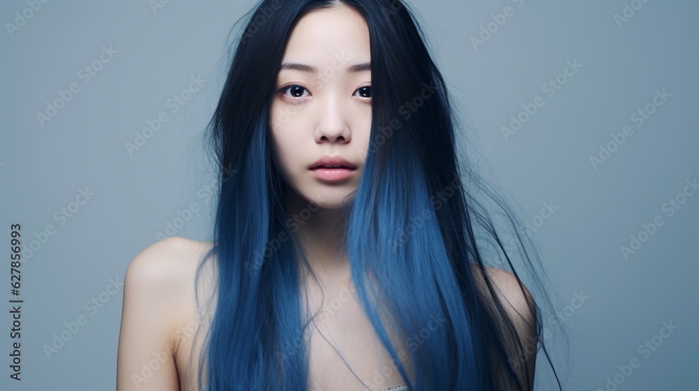 Beautiful woman with blue long hair bust up image on studio background ...